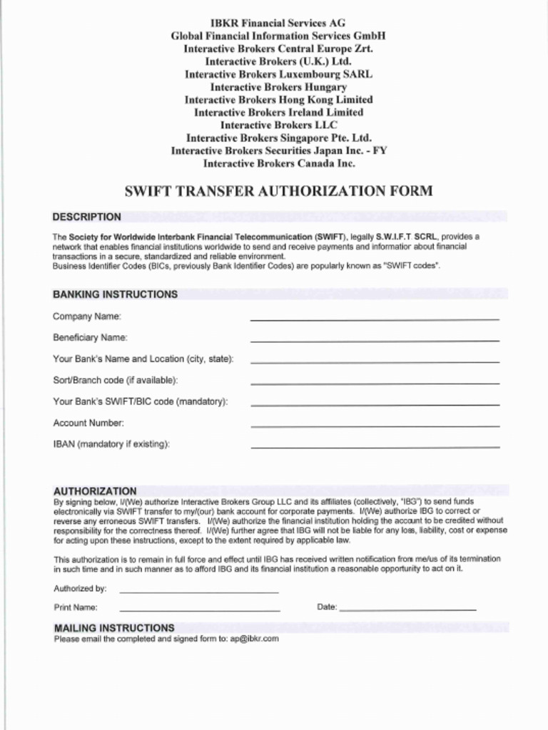 SWIFT Transfer Authorization Form | PDF
