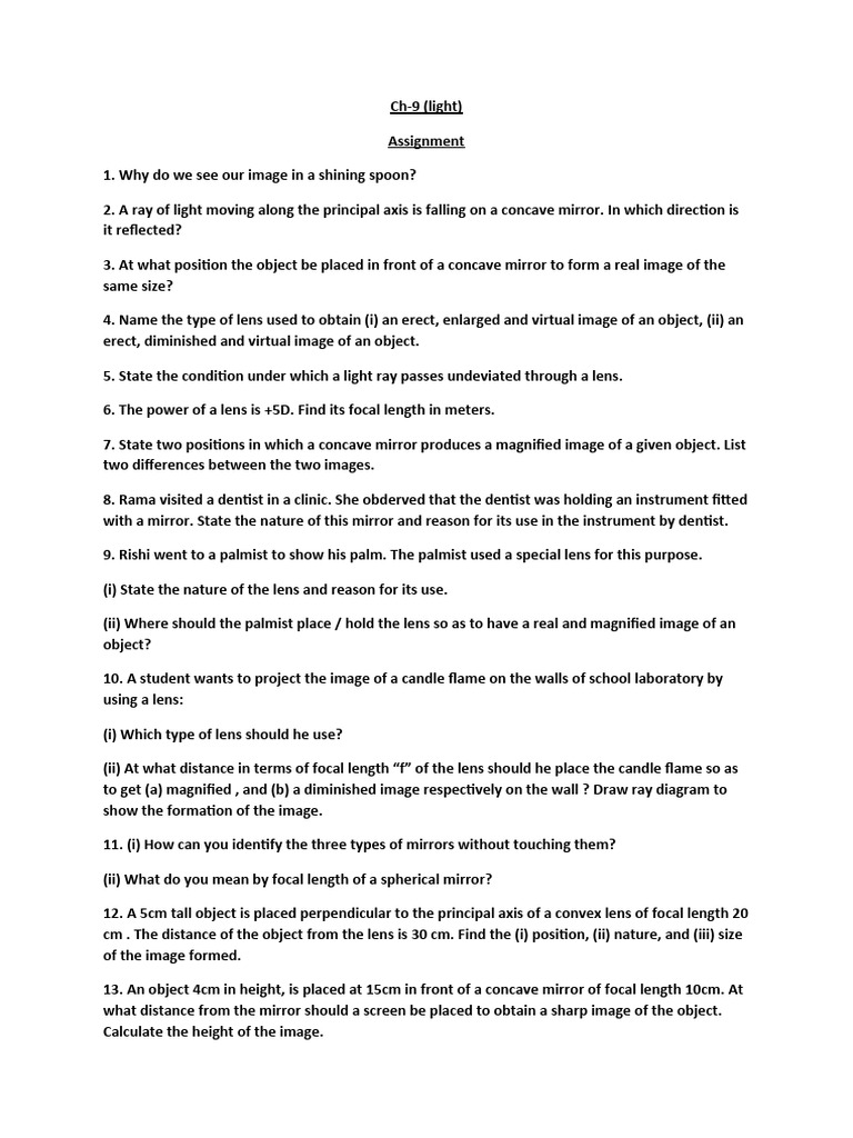 Ch-9, LIGHT, ASSIGNMENT | PDF | Atomic | Glass Engineering And Science