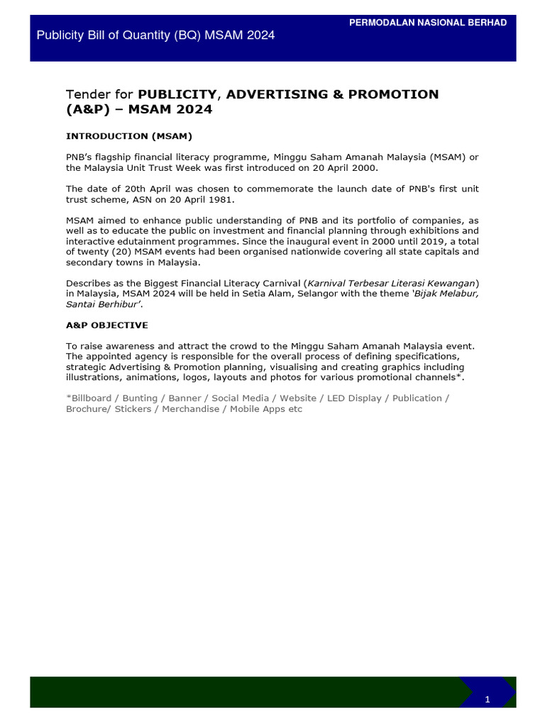 Sebutharga Tender Msam 2024 Publicity BQ 01072024 Fa | PDF | Business