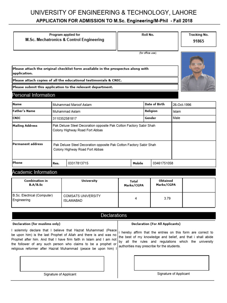 M.Sc. Mechatronics and Control Engineering Admission Form | PDF ...