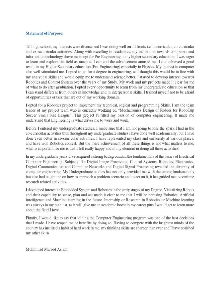 Statement-of-Purpose | Download Free PDF | Robotics | Computer Engineering