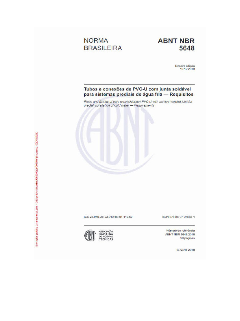 ABNT NBR 5648 2018 Tubos e Conexões de PVC-U Com Junta Soldável para ...