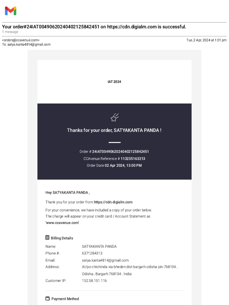 Gmail - Your Order#24IAT00490620240402125842451 On Https - CDN - Digialm.com Is Successful. | PDF