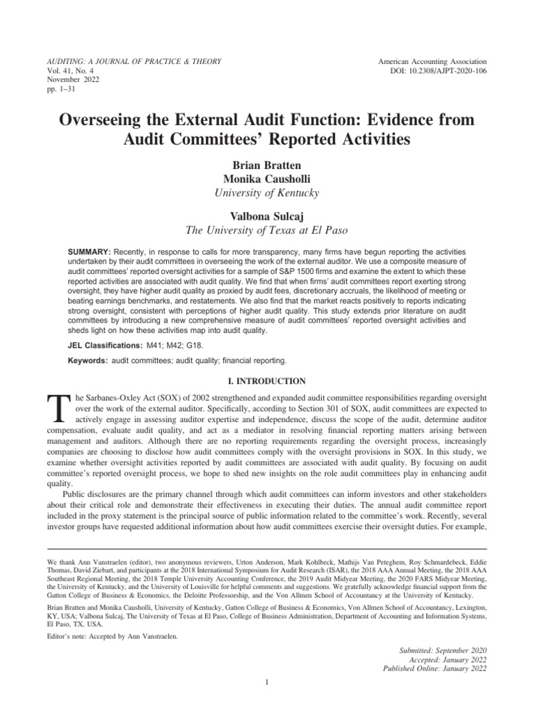 Overseeing The External Audit Function - Evidence From Audit Committees ...