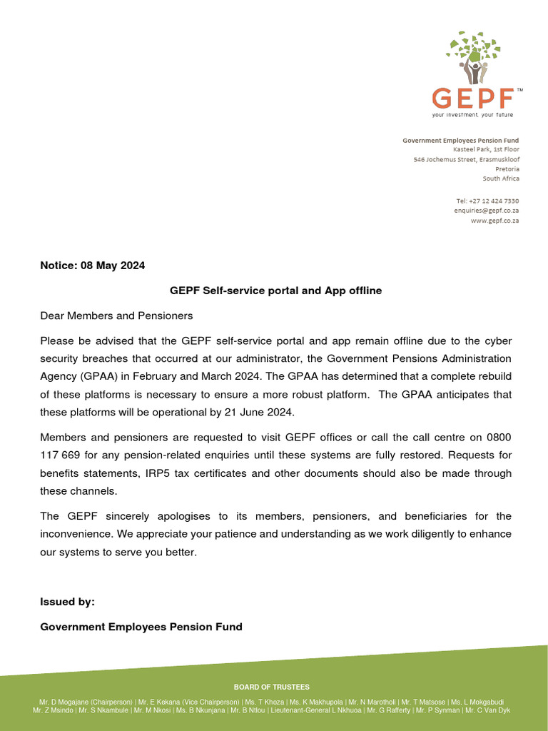 GEPF Portal Offline Notice: May 2024 | PDF