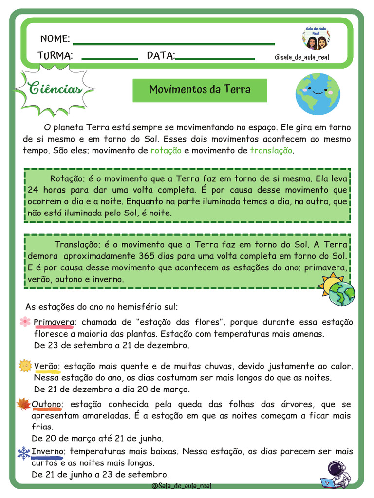 Movimentos Da Terra e Estações Do Ano | PDF | Outono | Primavera