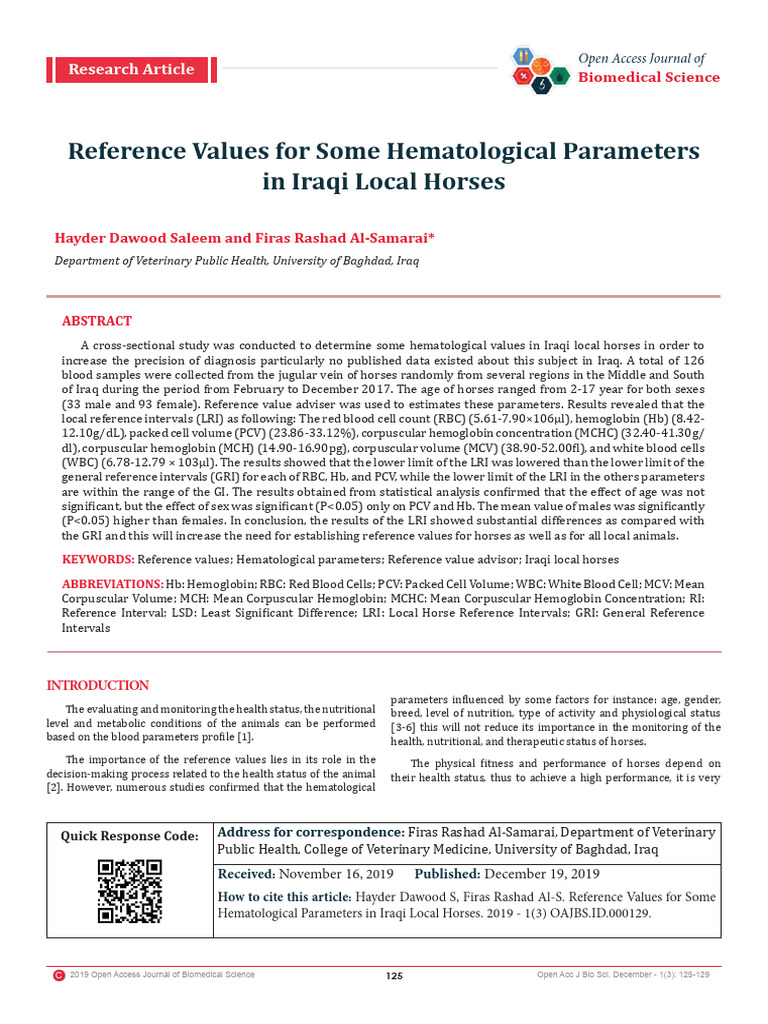 Reference Values For Some Hematological Parameters in Iraqi Local ...