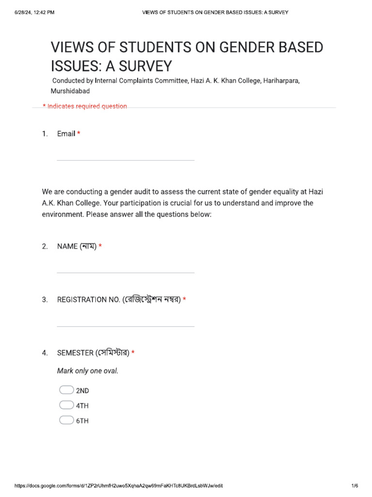Gender Audit Questionaire Students | PDF