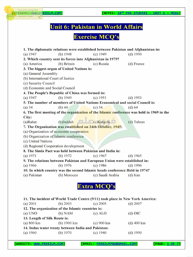 10th PakS CH 6 MCQs | PDF