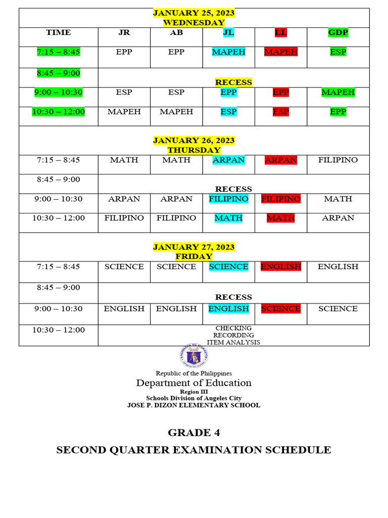 Exam Sched. 2nd Quarter | PDF