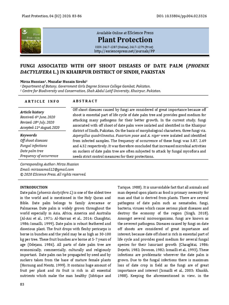 Hussain and Sirohi (2020) Fungi Associated With Off Shoot Diseases of Date Palm (Phoenix ...