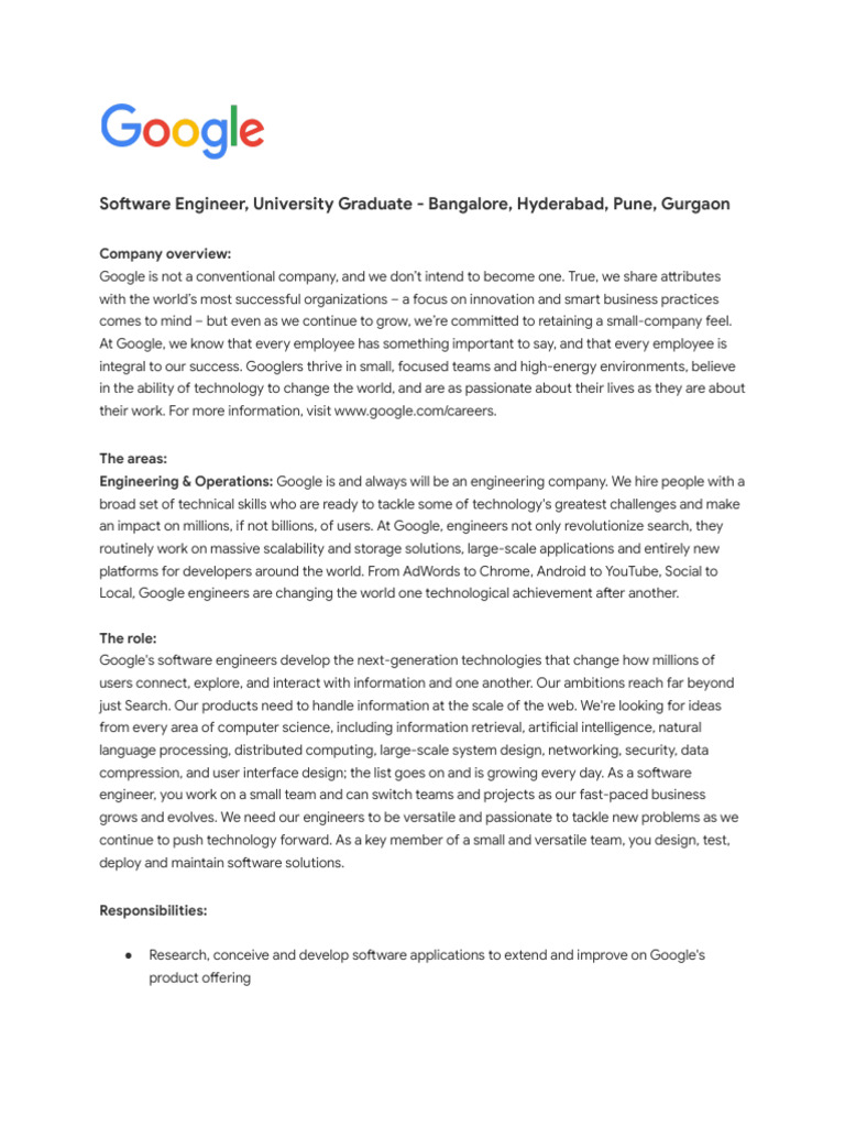 Software Engineer, University Graduate, 2025 - Job Description | PDF ...