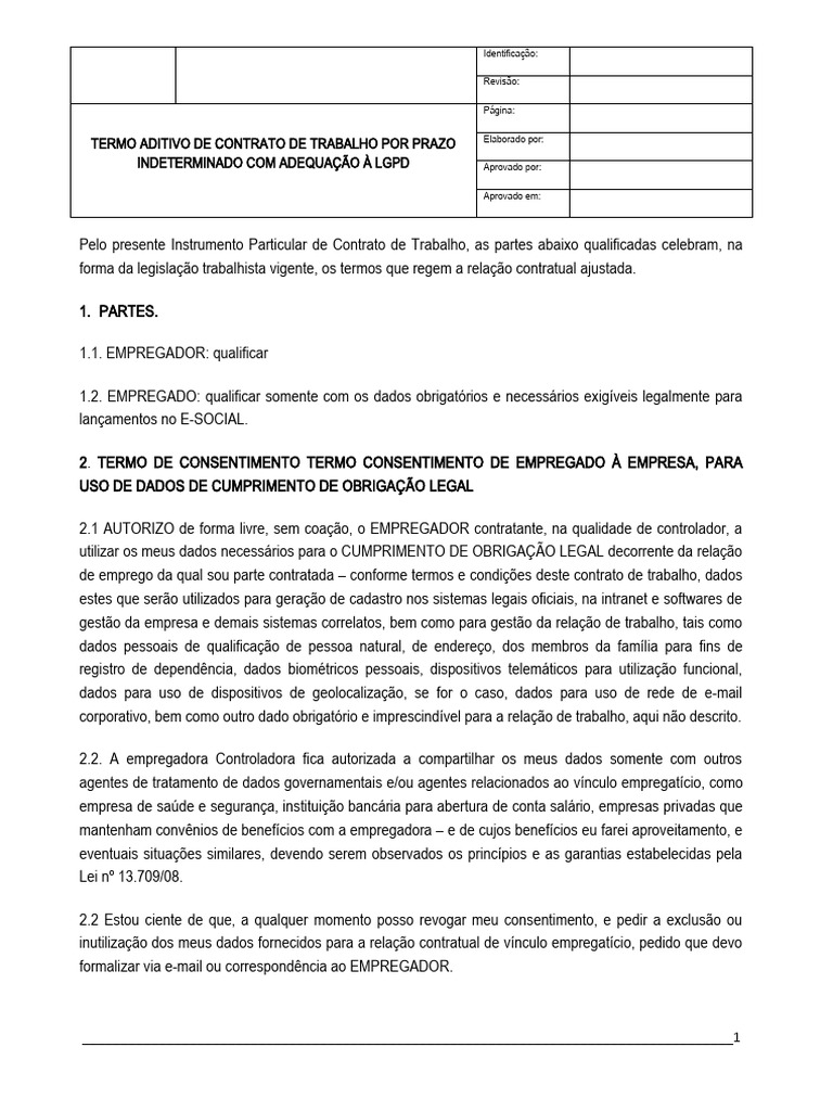 Termo Aditivo de Contrato de Trabalho Por Prazo Indeterminado Com ... Termo Aditivo de Contrato de Trabalho Por Prazo Indeterminado Com ...