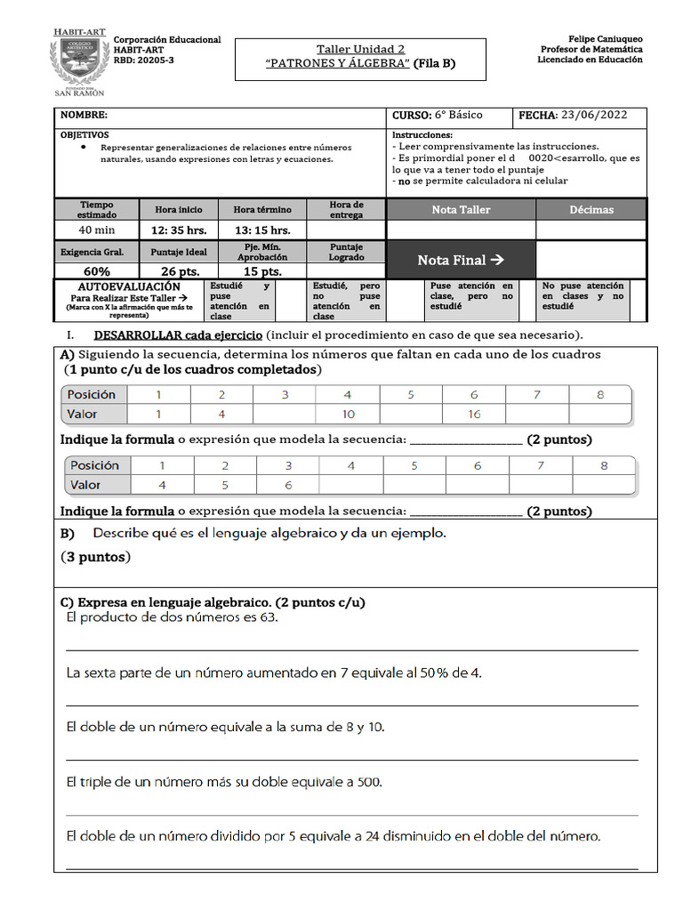 TALLLER UNIDAD 2 6° Básico - Fila B | PDF | Matemáticas | Álgebra