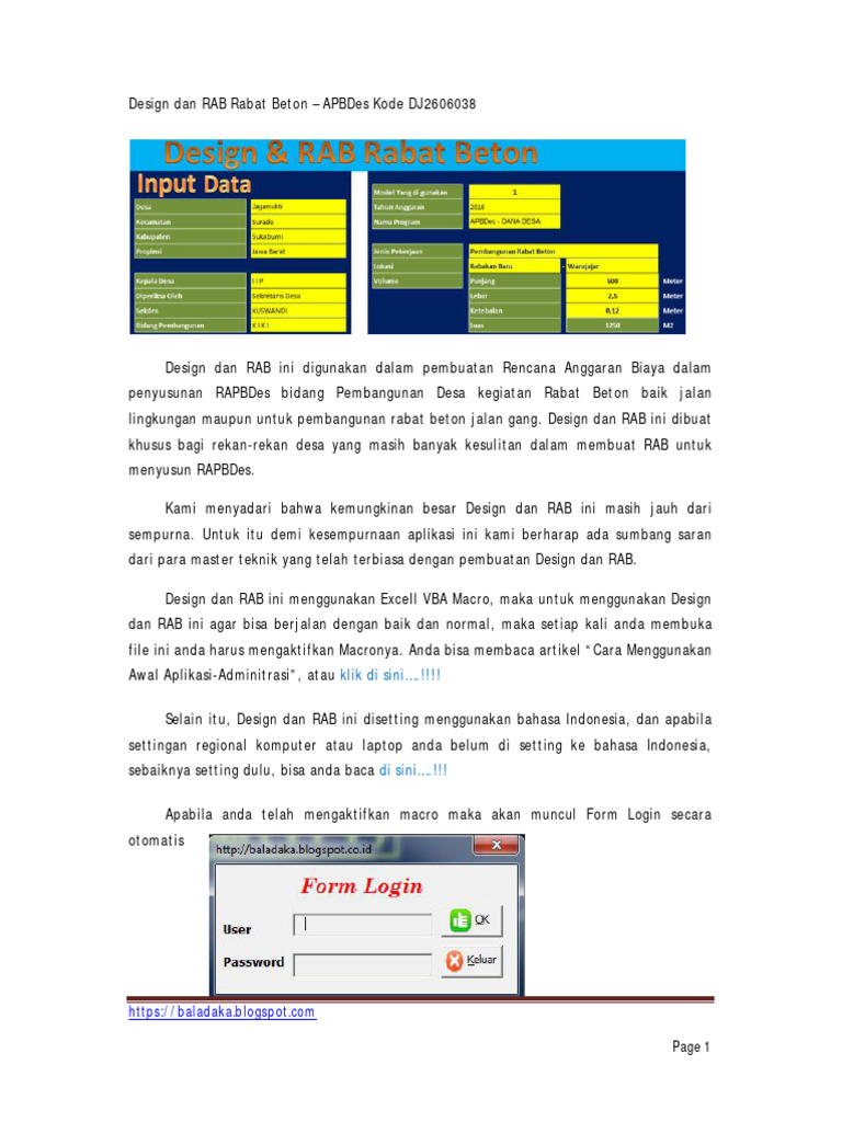 Design Dan RAB Rabat Beton - APBDes Kode DJ2606038 | PDF