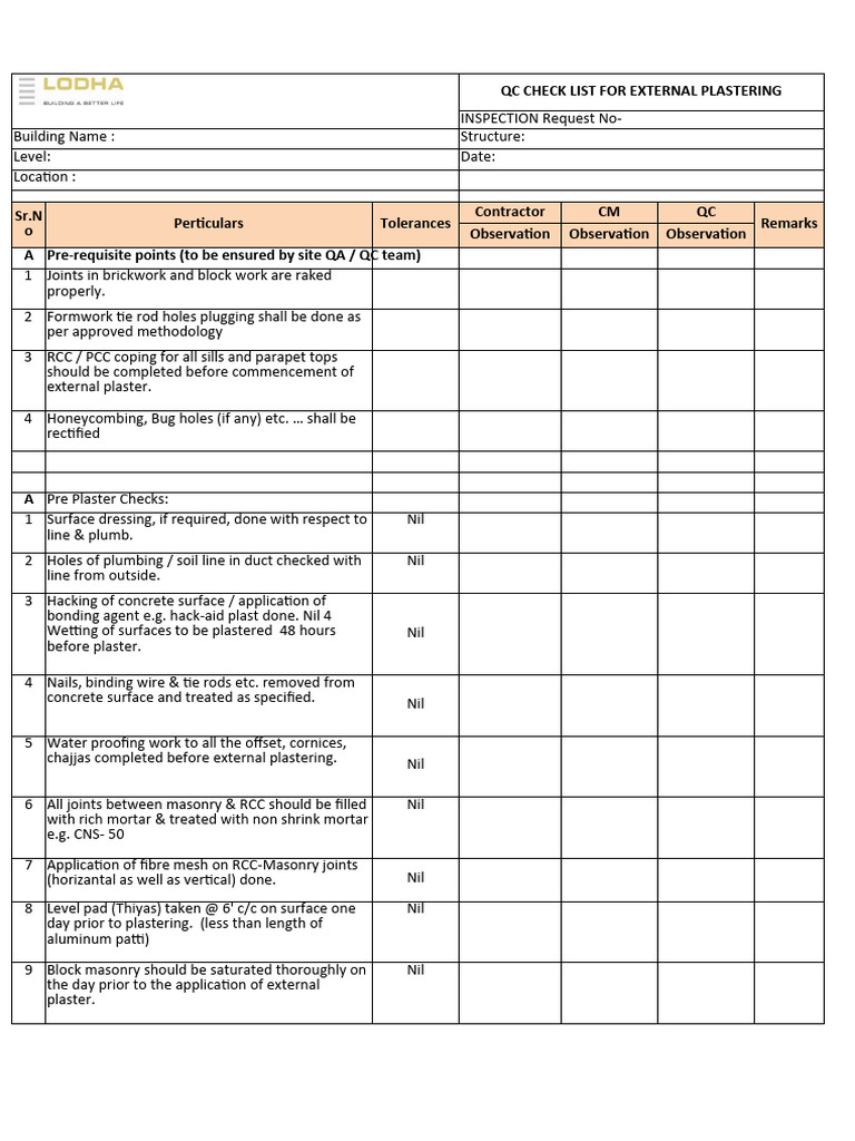 Lodha External Plastering-Checklist | PDF | Plaster | Building Engineering