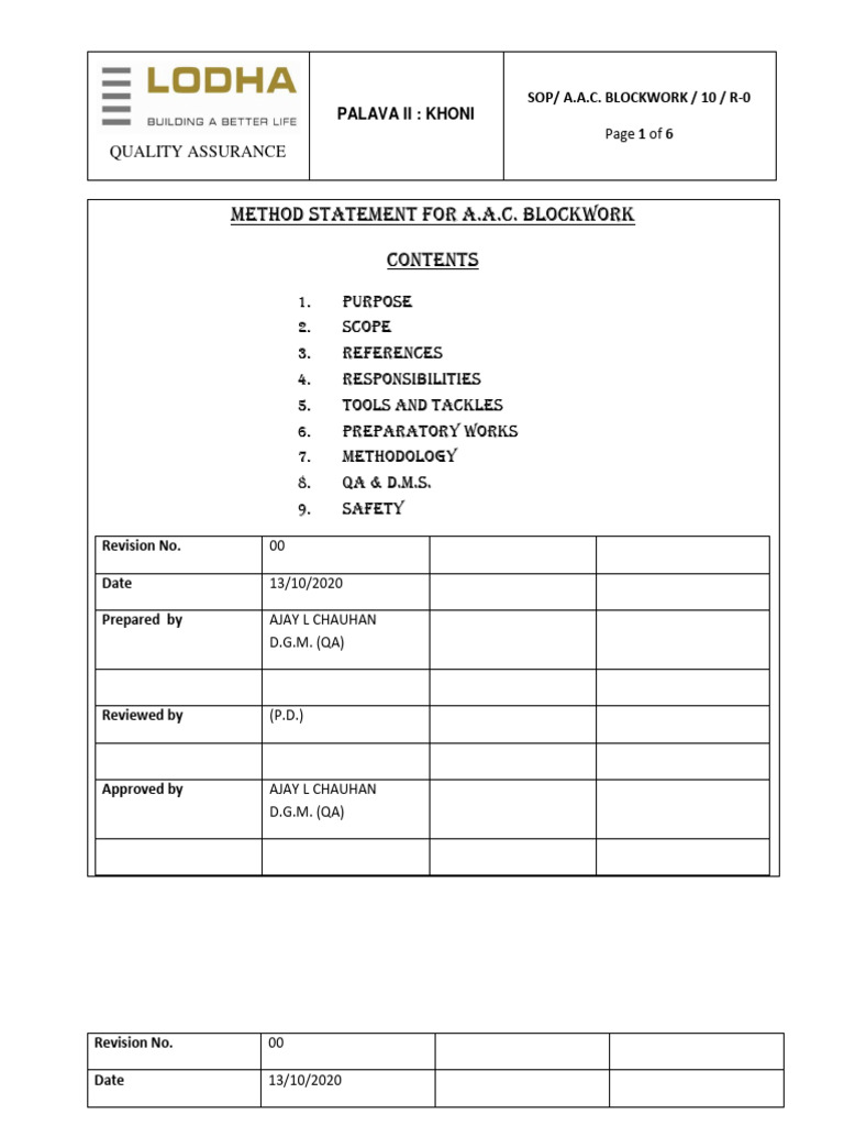 Sop 10 Aac Revision-1 Blockwork Palava II | PDF | Concrete | Mortar ...