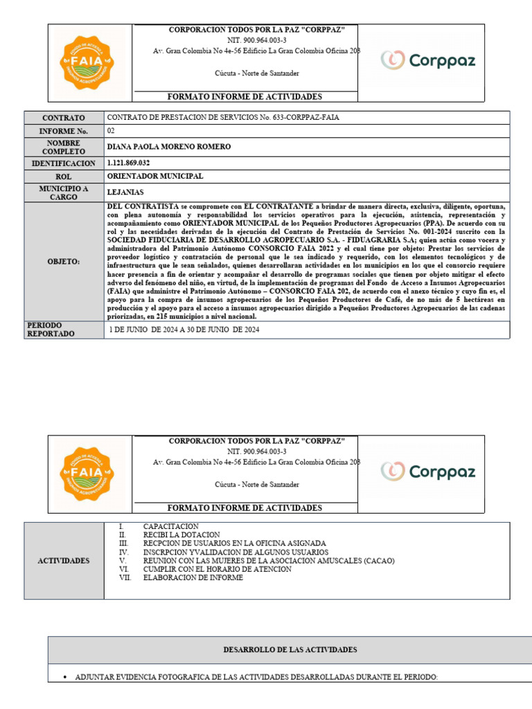 Minuta Informe de Actividades No. 002 - Orientadores Municipales - CORPPAZ-FAIA 2024 | PDF