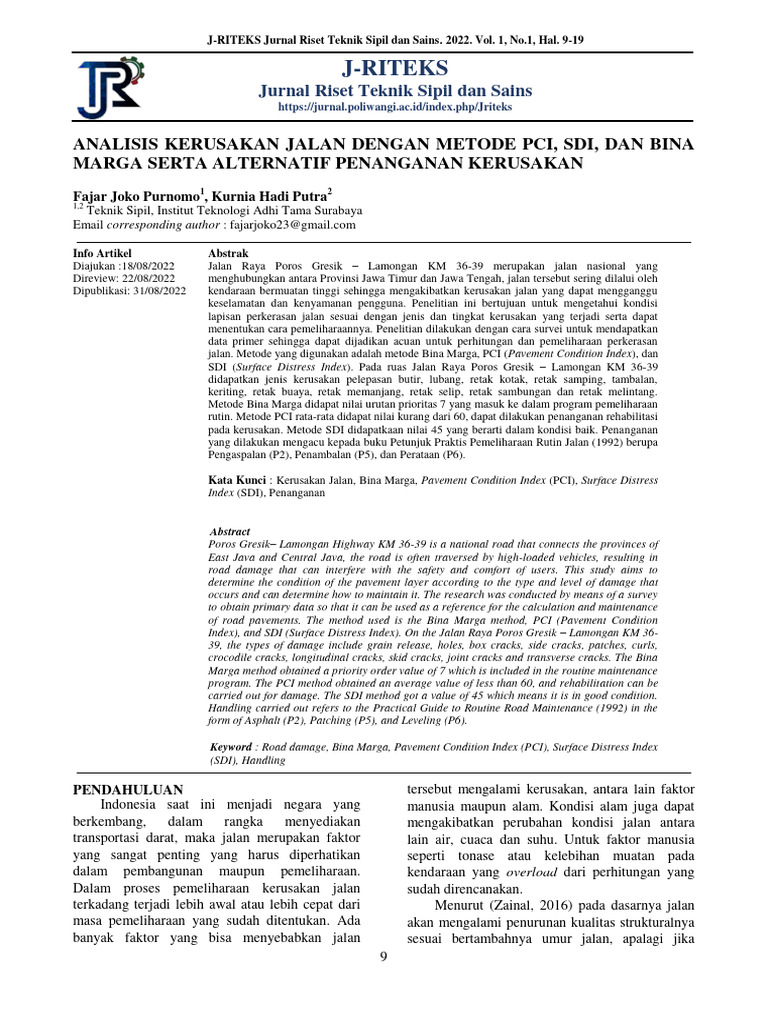 Analisis Kerusakan Jalan Dengan Metode Pci Sdi Dan | PDF
