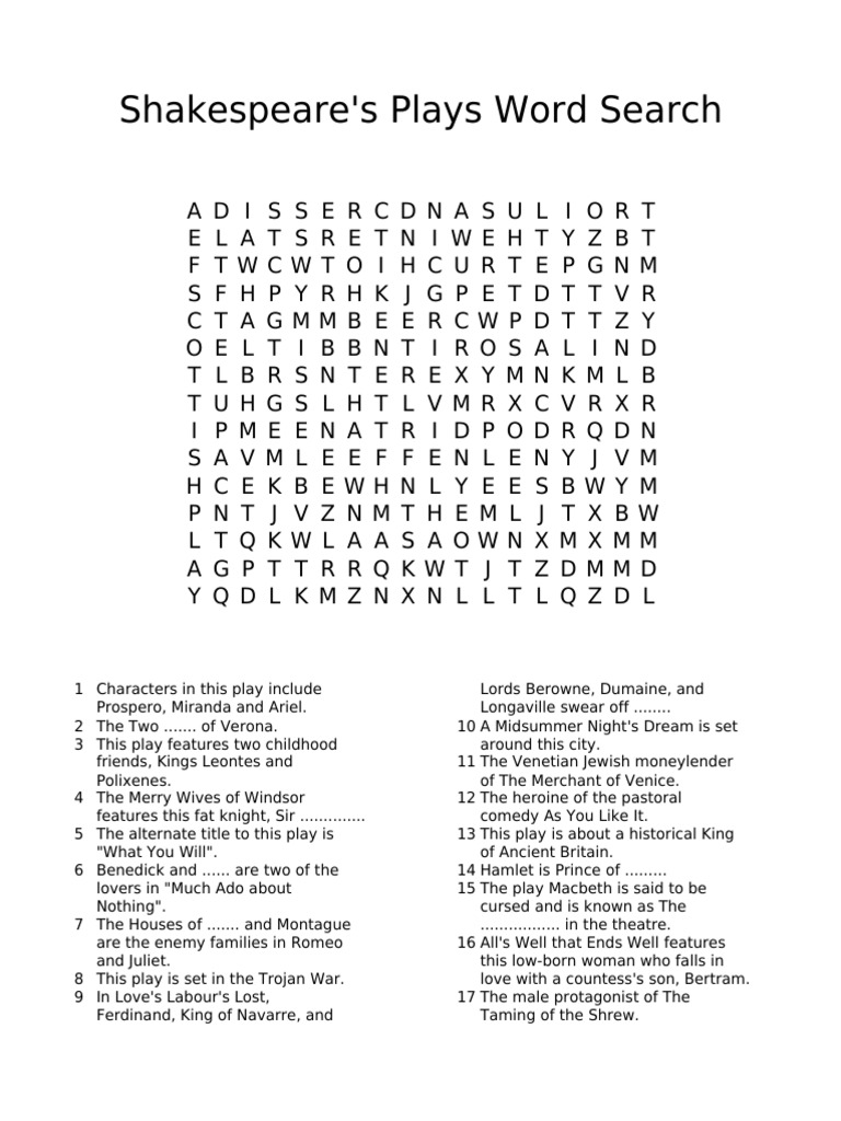 Shakespeares Plays Wordsearch | PDF | Characters In Romeo And Juliet ...