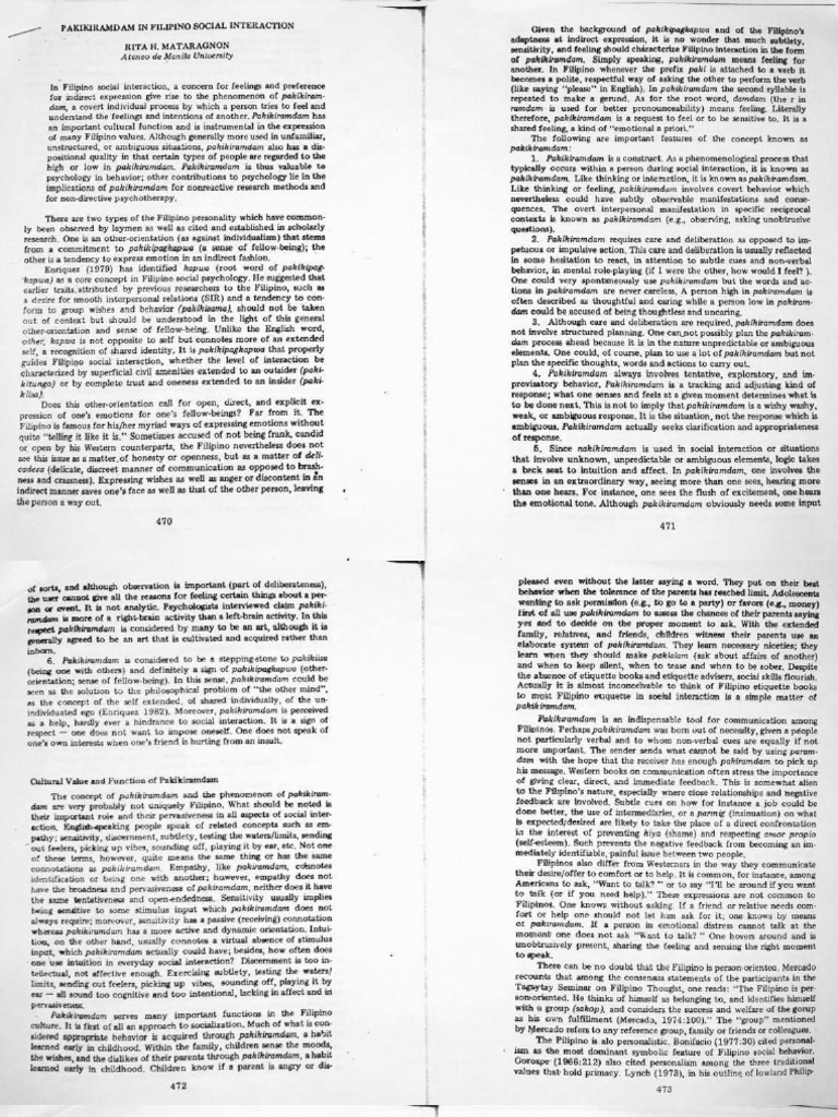 Mataragnon 1987 Pakikiramdam in Filipino Social Interaction PDF Free | PDF