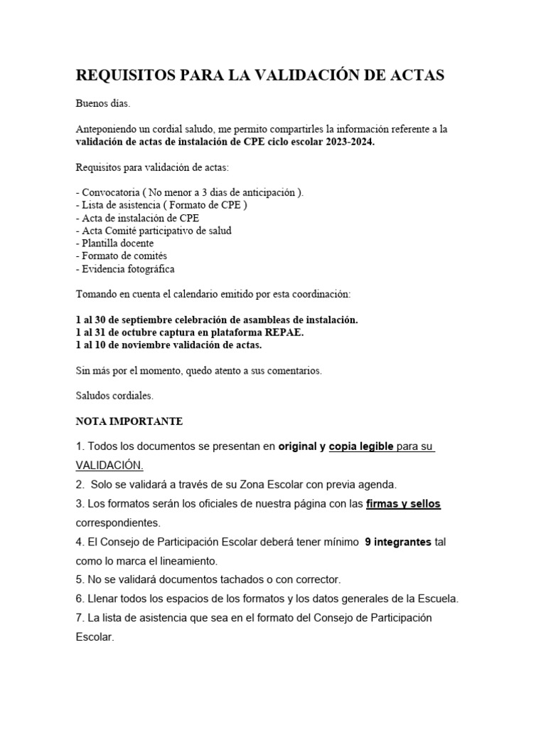 REQUISITOS PARA LA VALIDACIÓN DE ACTAS Cpe Educacion Básica | PDF