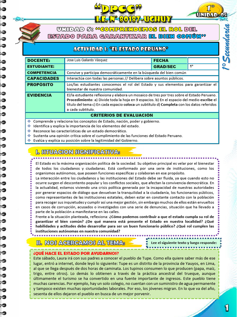 1° DPCC - Actv.01-Und.5 2023 | PDF | Gobierno | Estado (política)
