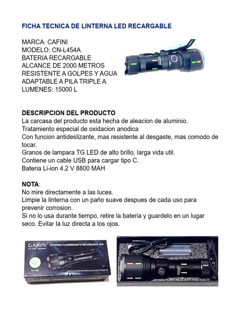 FICHA TECNICA DE LINTERNA LED RECARGABLE | PDF
