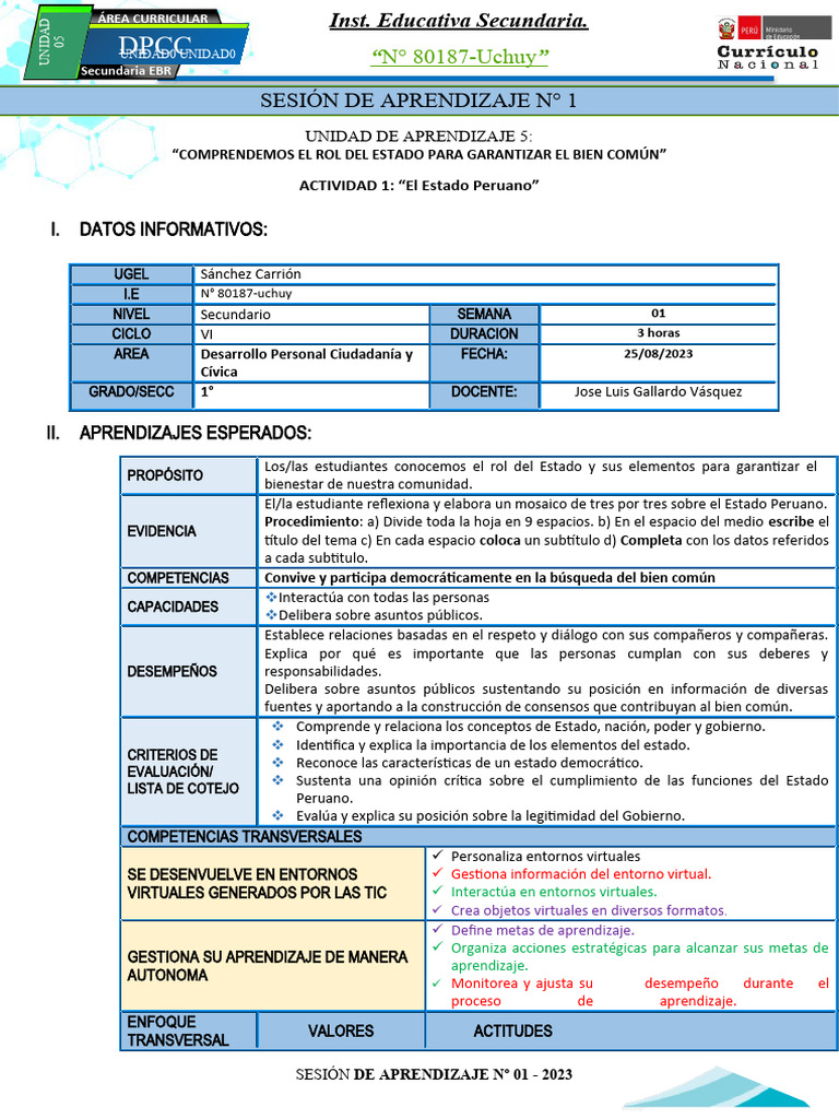 1º DPCC- SES 1 UNI 5 - SEM 01 | PDF | Aprendizaje | Maestros