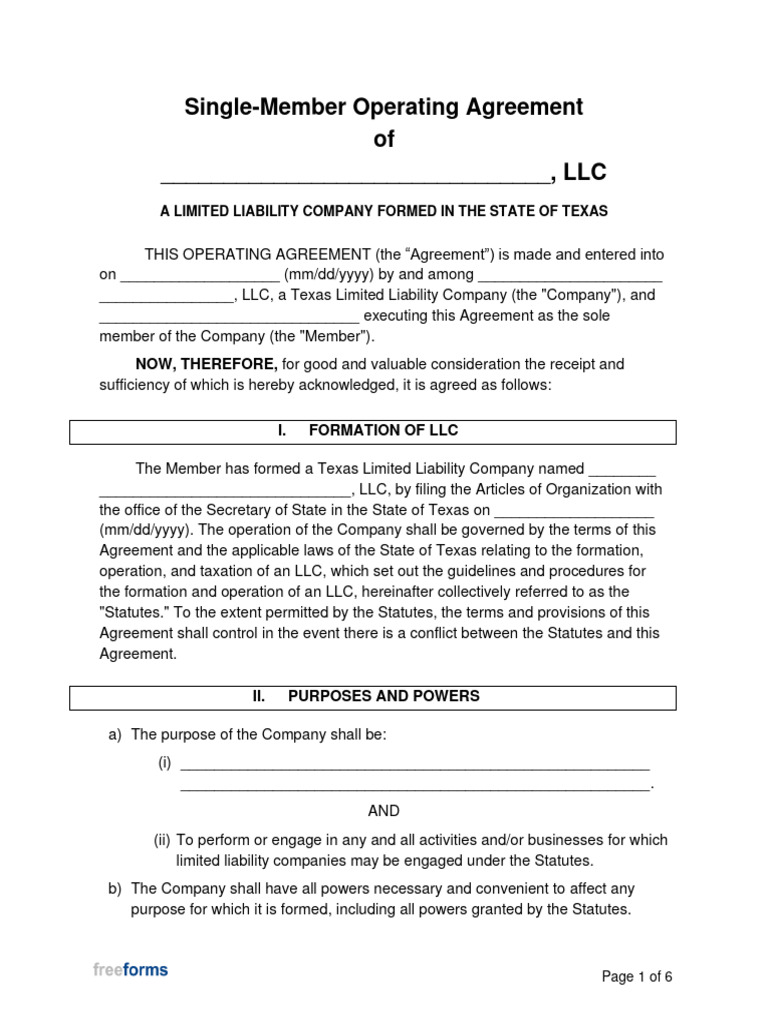 Texas Single-Member LLC Operating Agreement | PDF | Limited Liability ...