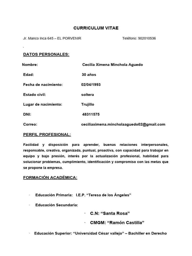 Cecilia Ximena Minchola Aguedo - Currículum | PDF