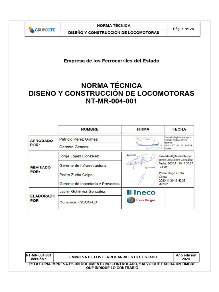 NT-MR-004-001 Norma Técnica Diseño y Construcción de Locomotoras | PDF | Locomotoras | Material ...