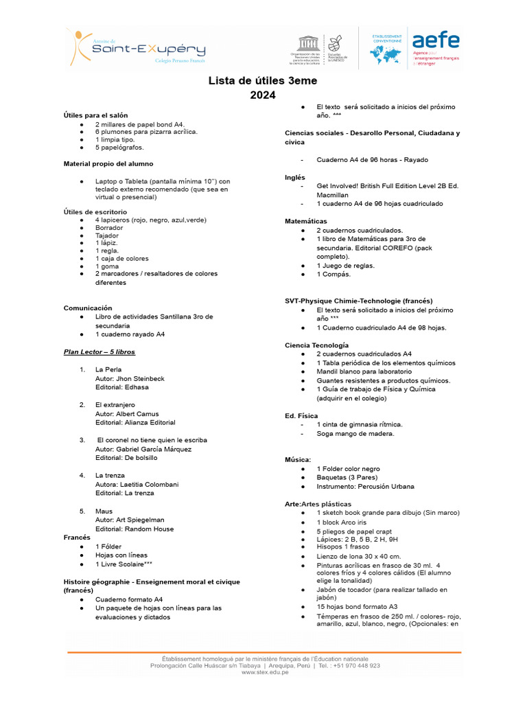 STEX Lista de Utiles 2024 3eme-3ro Secundaria | PDF