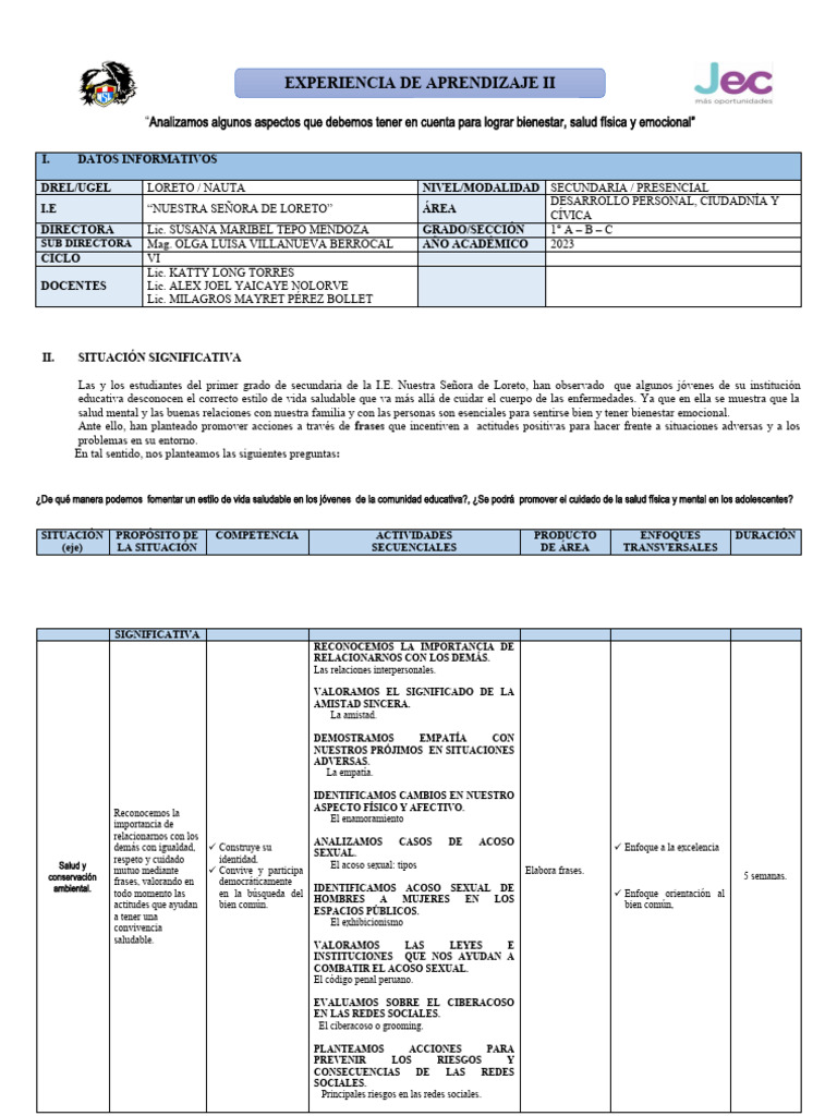 1° Sec. - II EXPERIENCIA DE APRENDIZAJE - DPCC - 2023 | PDF | Acoso cibernético | Acoso sexual