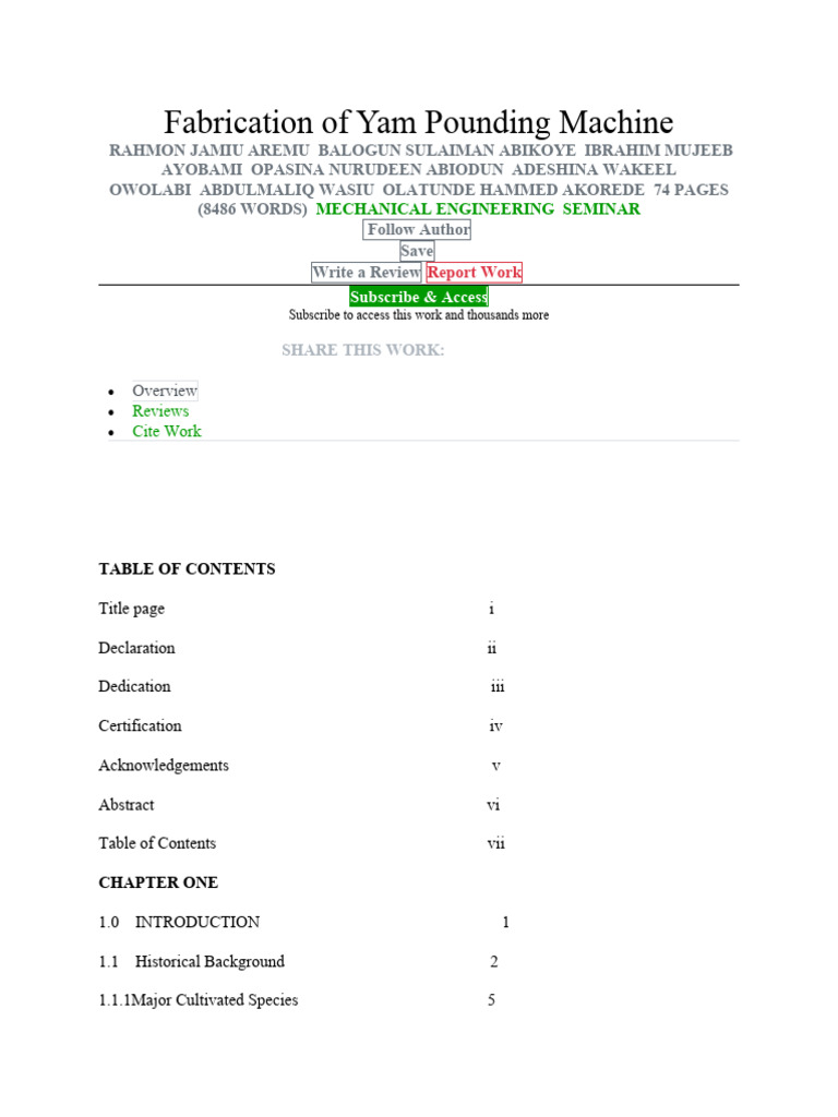 Fabrication of Yam Pounding Machine | PDF | Machining | Machine Tool