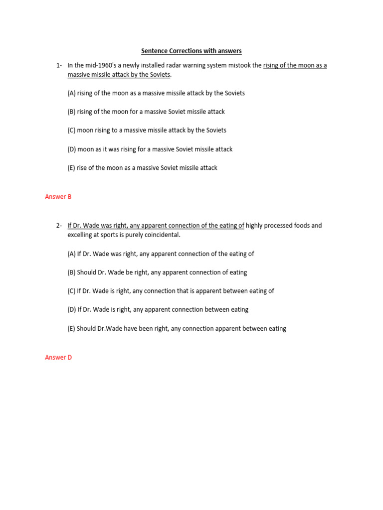 REAL Exams Sentence Corrections With Answers (H) | PDF