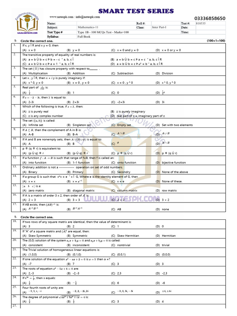 11th Math FB MCQs With Keys | PDF | Matrix (Mathematics) | Functions And Mappings