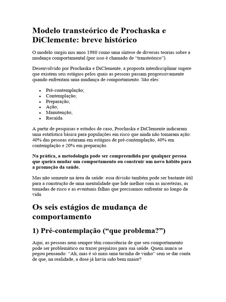 Modelo Transteórico de Prochaska e DiClemente | PDF | Comportamento ...