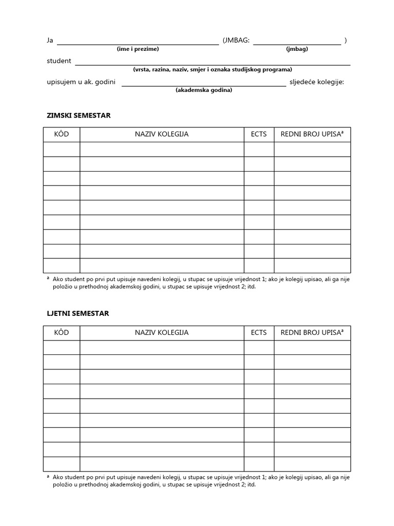 Obrazac Za Upis | PDF