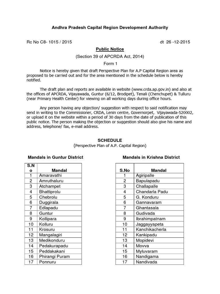 Draft Perspective Plan - 2050 For APCRDA - Public Notice - English | PDF