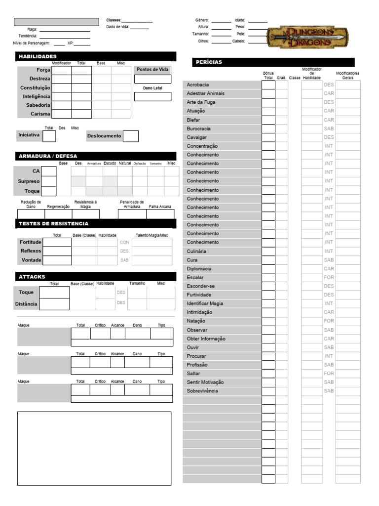 Ficha de Personagem de RPG: Atributos e Habilidades | PDF