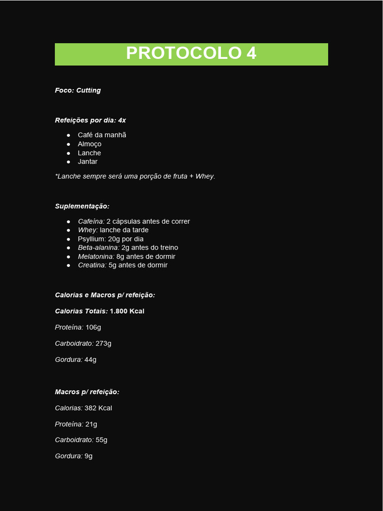 Plano Alimentar - Protocolo 4 | PDF | Culinária | Alimentos