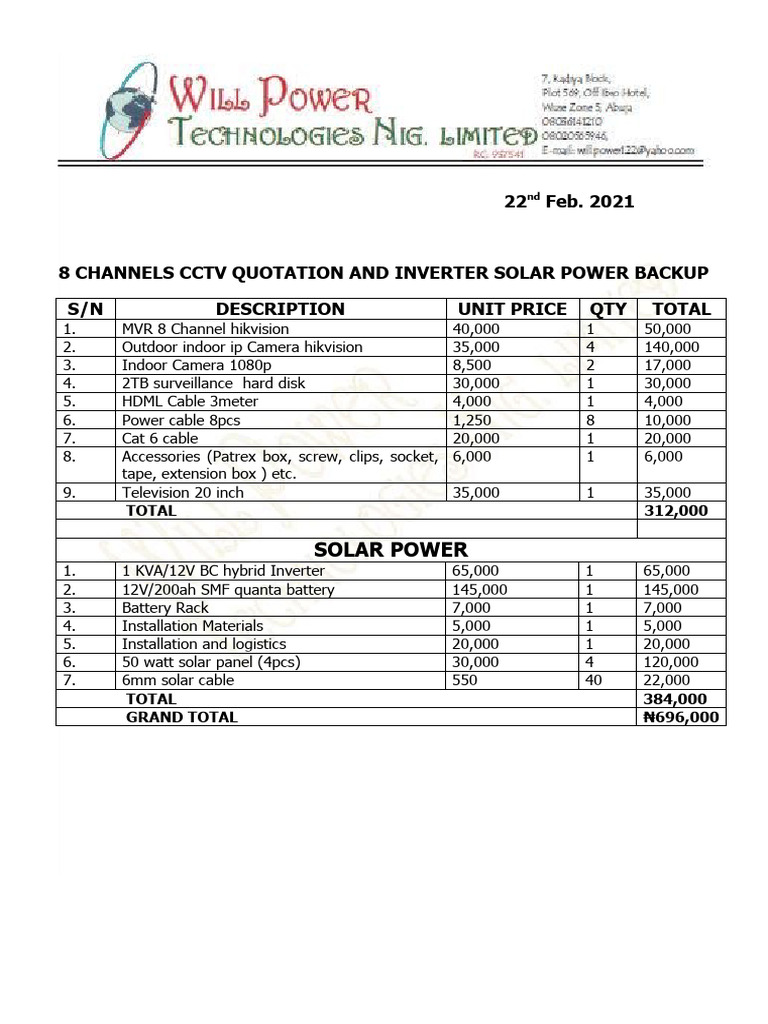 8 CHANNELS CCTV QUOTATION AND INVERTER SOLAR POWER BACKUP 2 | PDF