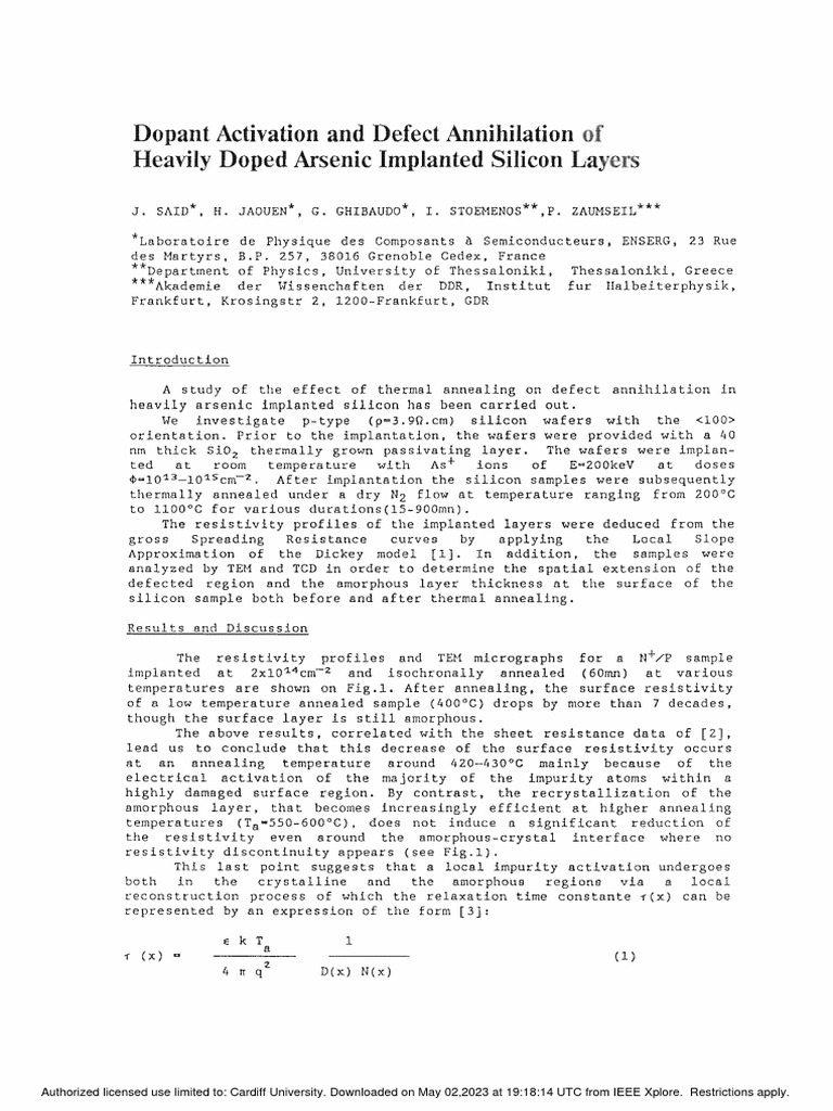 Dopant Activation and Defect Annihilation of Heavily Doped Arsenic Implanted Silicon Layers ...