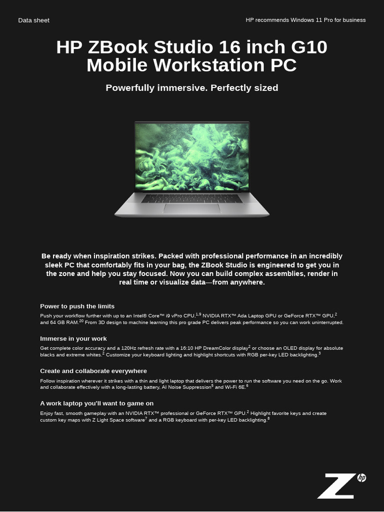 HP ZBook Studio G10 Mobile Workstation Datasheet | PDF | Windows 10 | Graphics Processing Unit