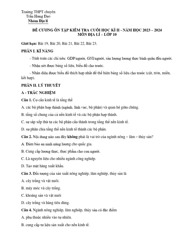 De Cuong On Tap KT Cuoi Ki II - FINAL | PDF