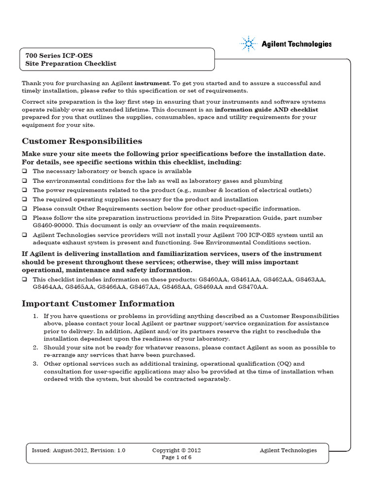 G8460-90071 700 ICP-OES Site Preparation Checklist | PDF | Ac Power ...