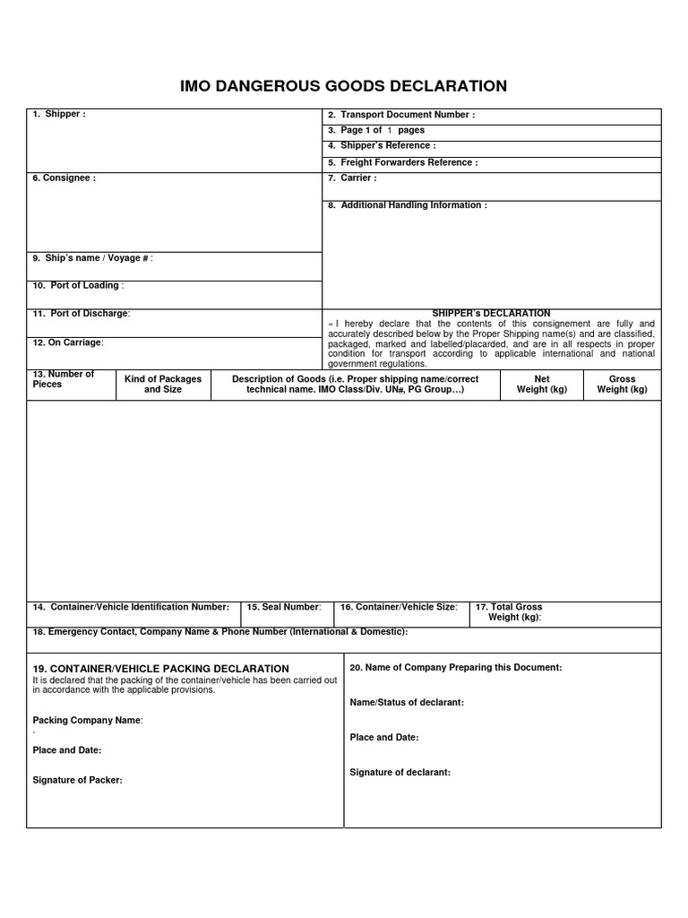 Imo Dangerous Goods Declaration | PDF | Dangerous Goods | Cargo