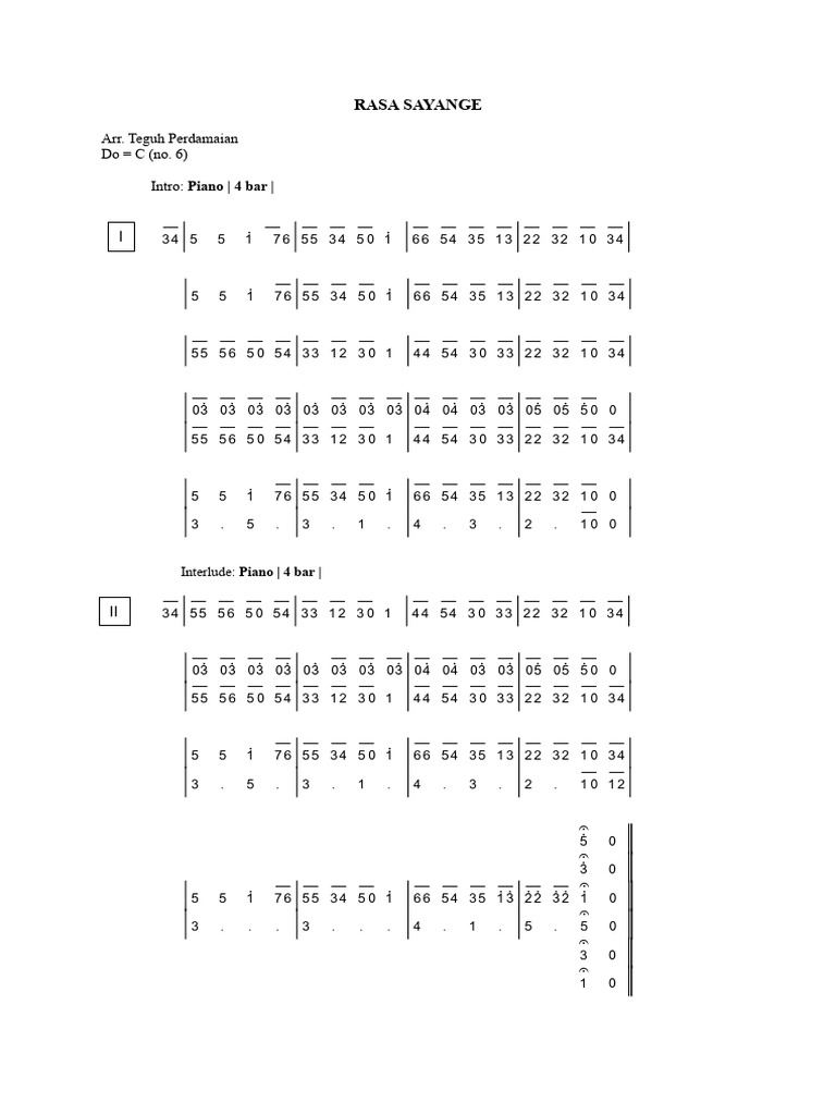 RASA SAYANGE Partitur Angklung Edin | PDF