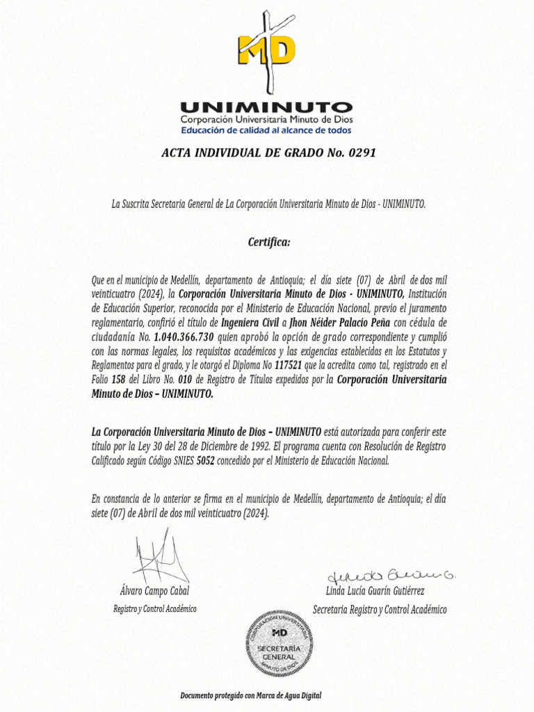 Acta de Grado Uniminuto Con Sello | PDF